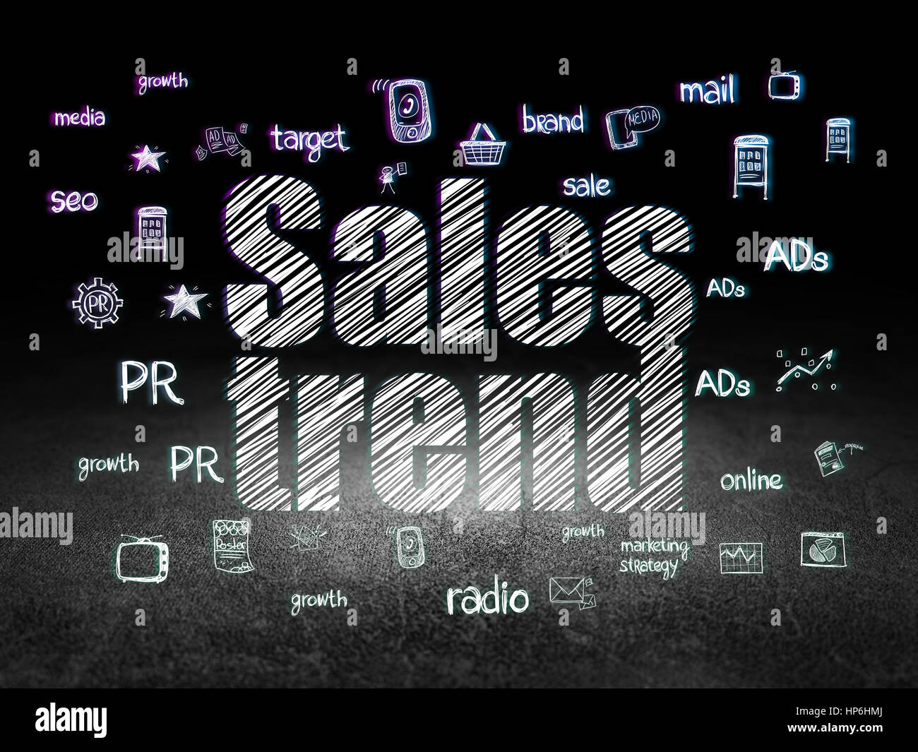 Marketing concept: Glowing text Sales Trend, Hand Drawn Marketing Icons ...