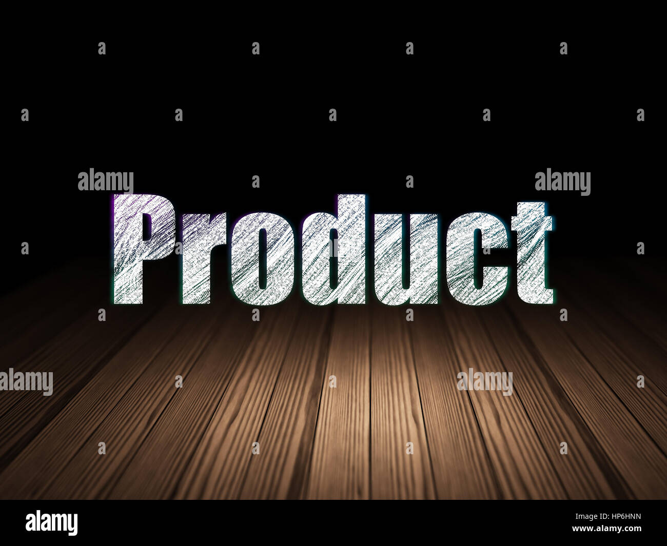 Advertising concept: Glowing text Product in grunge dark room with ...