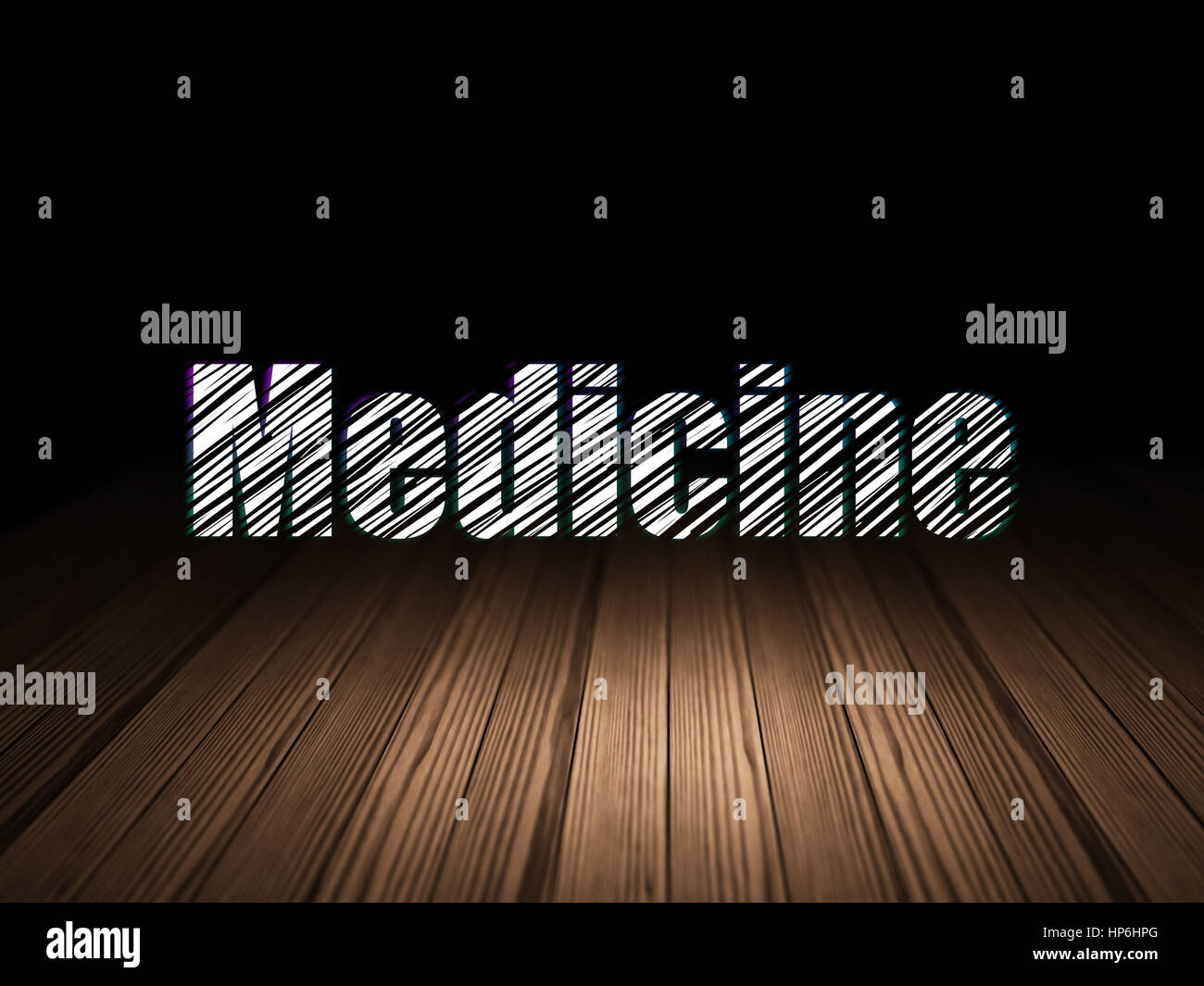 Health concept: Glowing text Medicine in grunge dark room with Wooden ...
