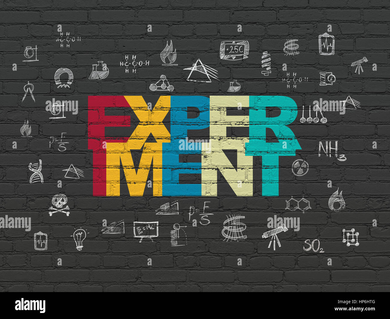 Science concept: Painted multicolor text Experiment on Black Brick wall ...
