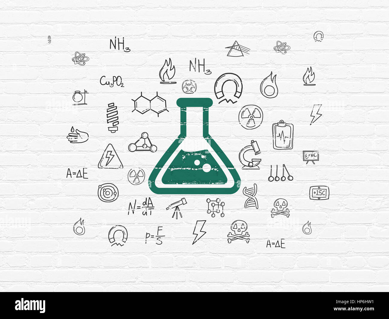 Science concept: Painted green Flask icon on White Brick wall ...