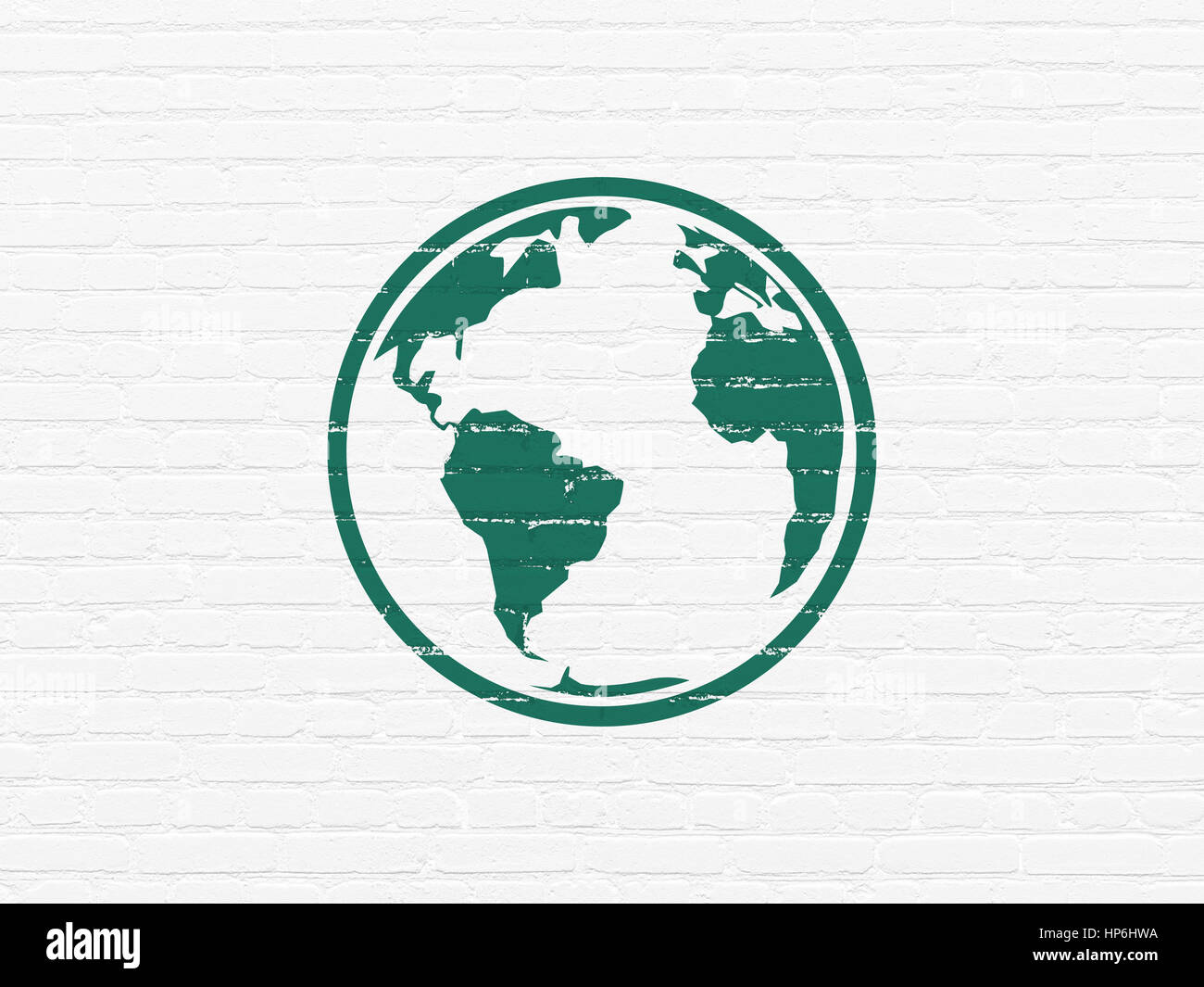 Science concept: Painted green Globe icon on White Brick wall ...