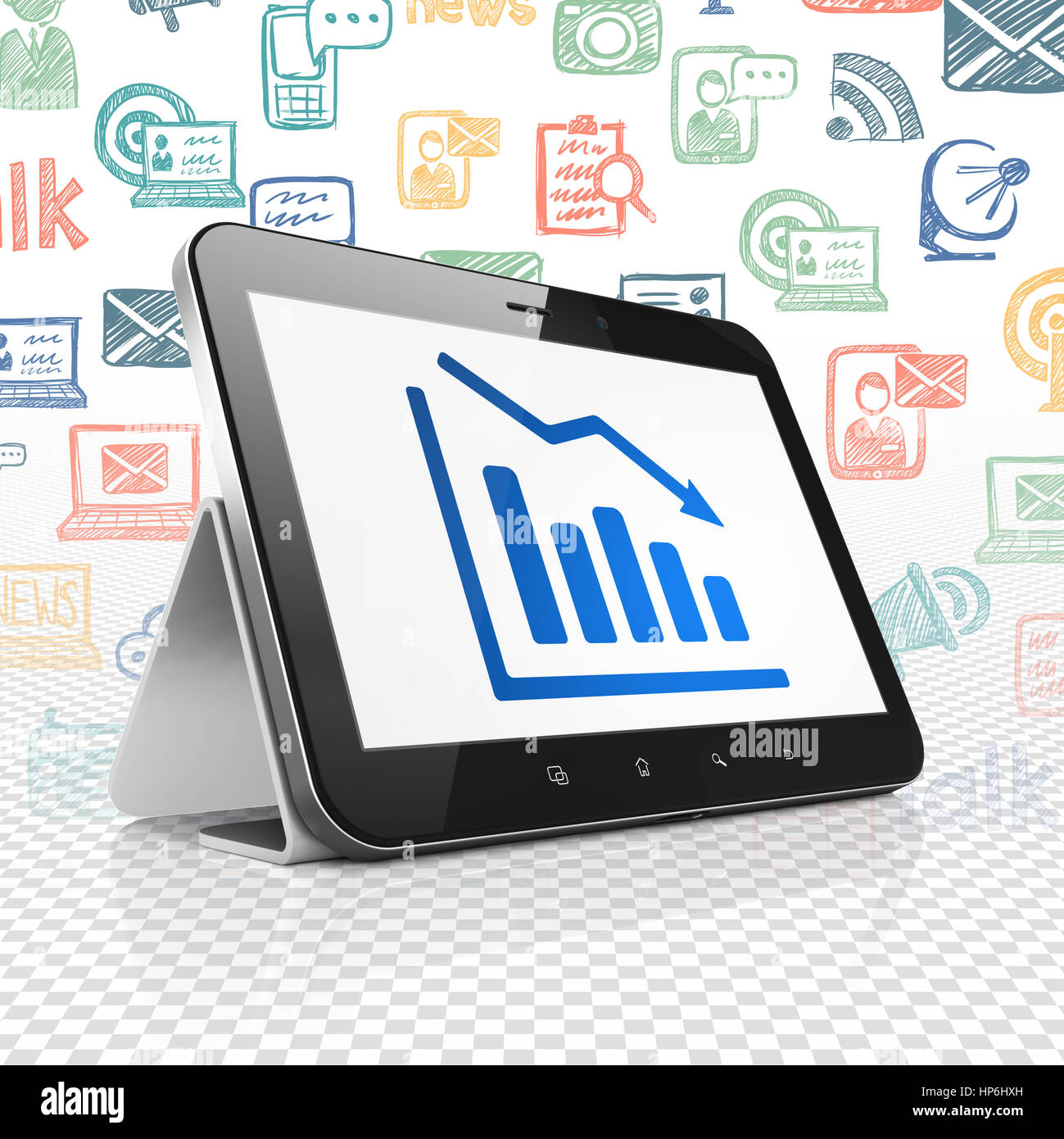 News concept: Tablet Computer with blue Decline Graph icon on display ...