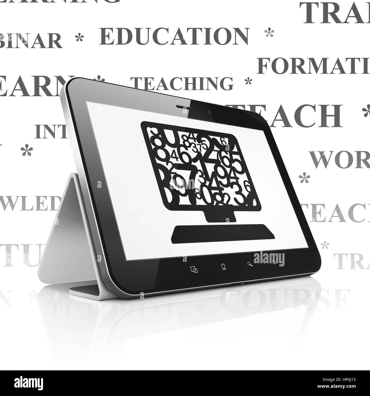 Studying concept: Tablet Computer with black Computer Pc icon on ...