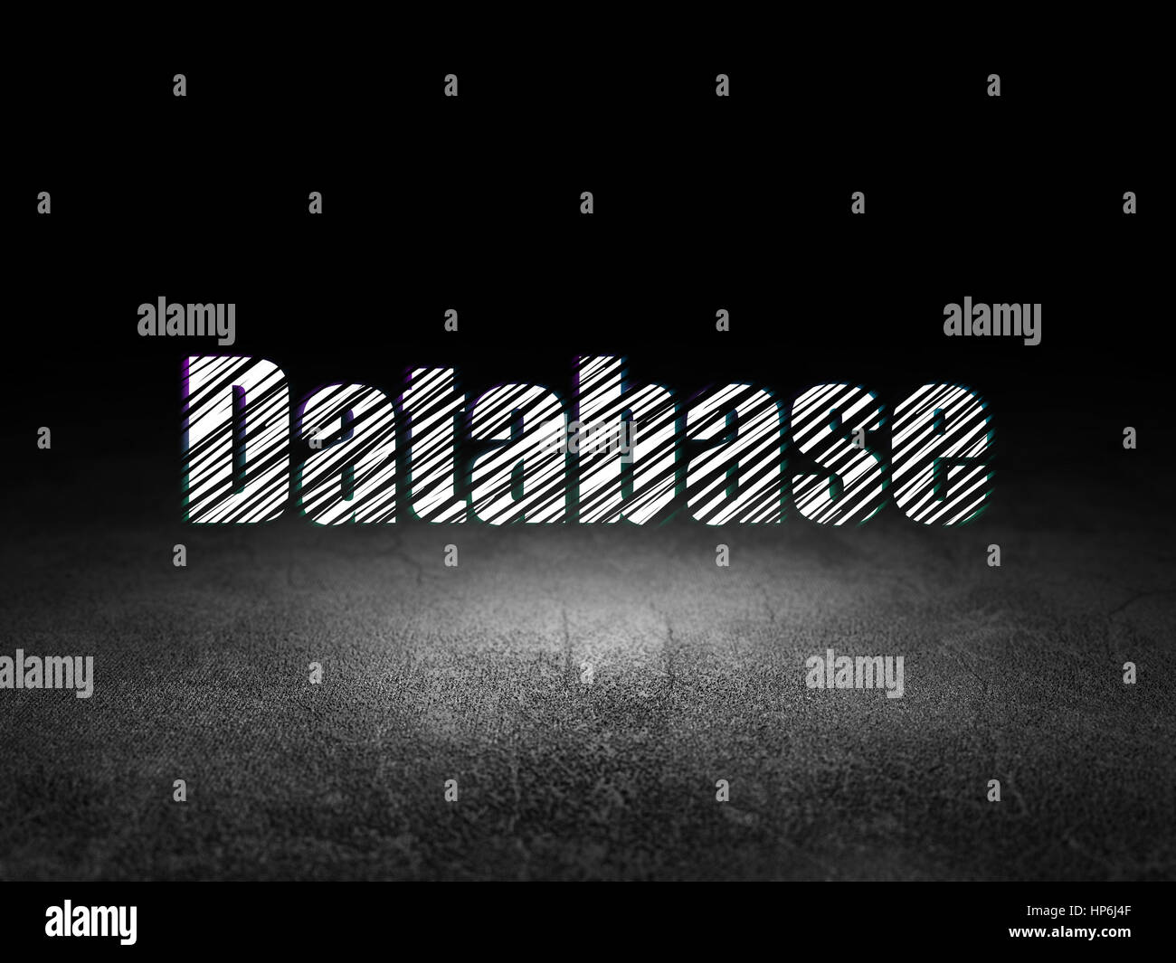 Programming concept: Glowing text Database in grunge dark room with ...