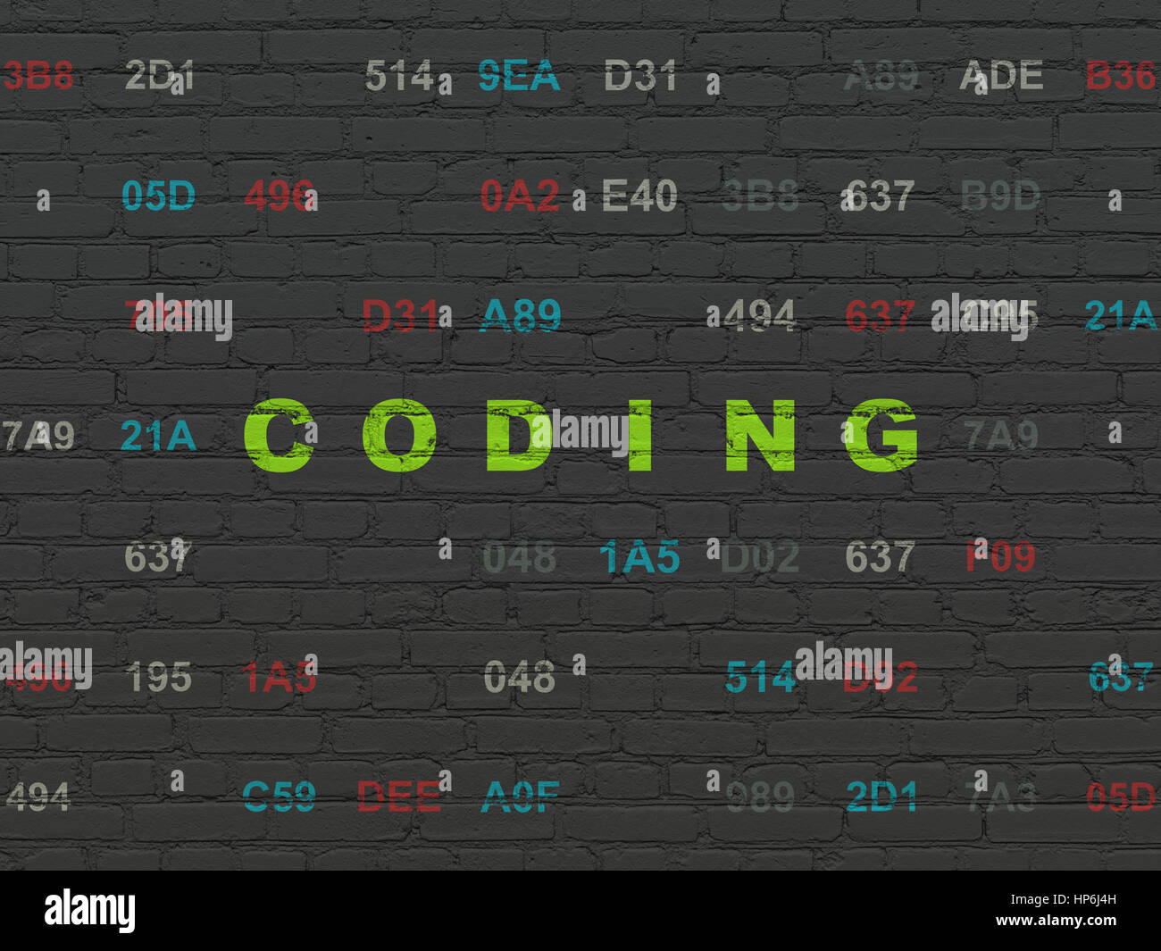 Database concept: Painted green text Coding on Black Brick wall ...