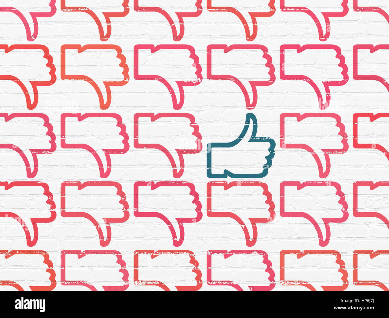Social media concept: rows of Painted red thumb down icons around blue ...