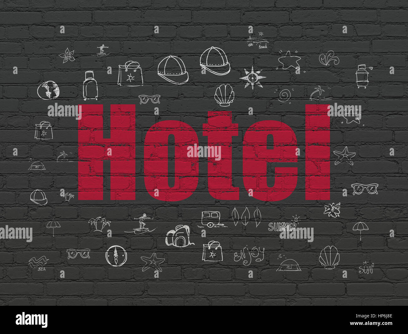 Travel concept: Painted red text Hotel on Black Brick wall background ...