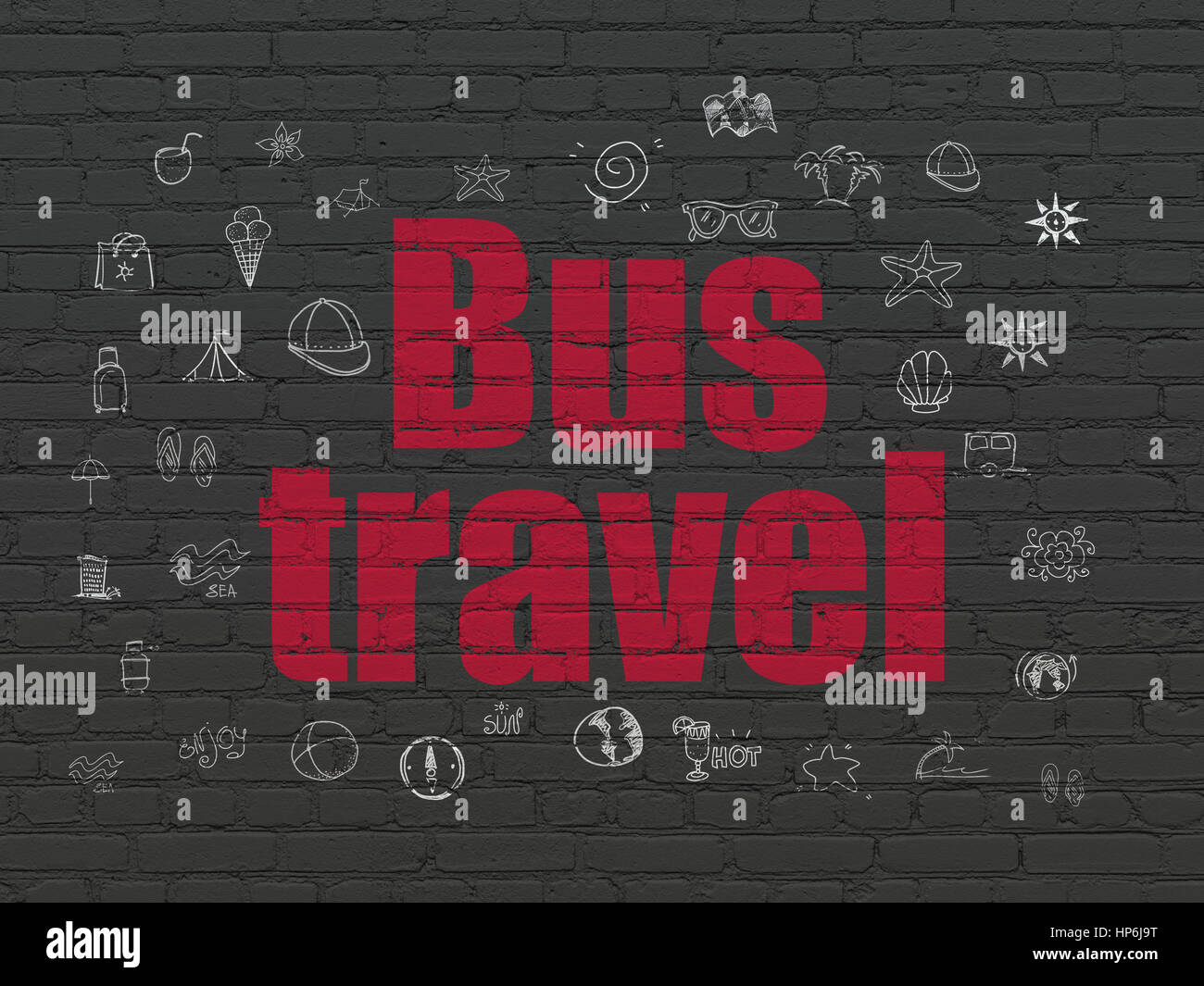 Travel concept: Painted red text Bus Travel on Black Brick wall ...