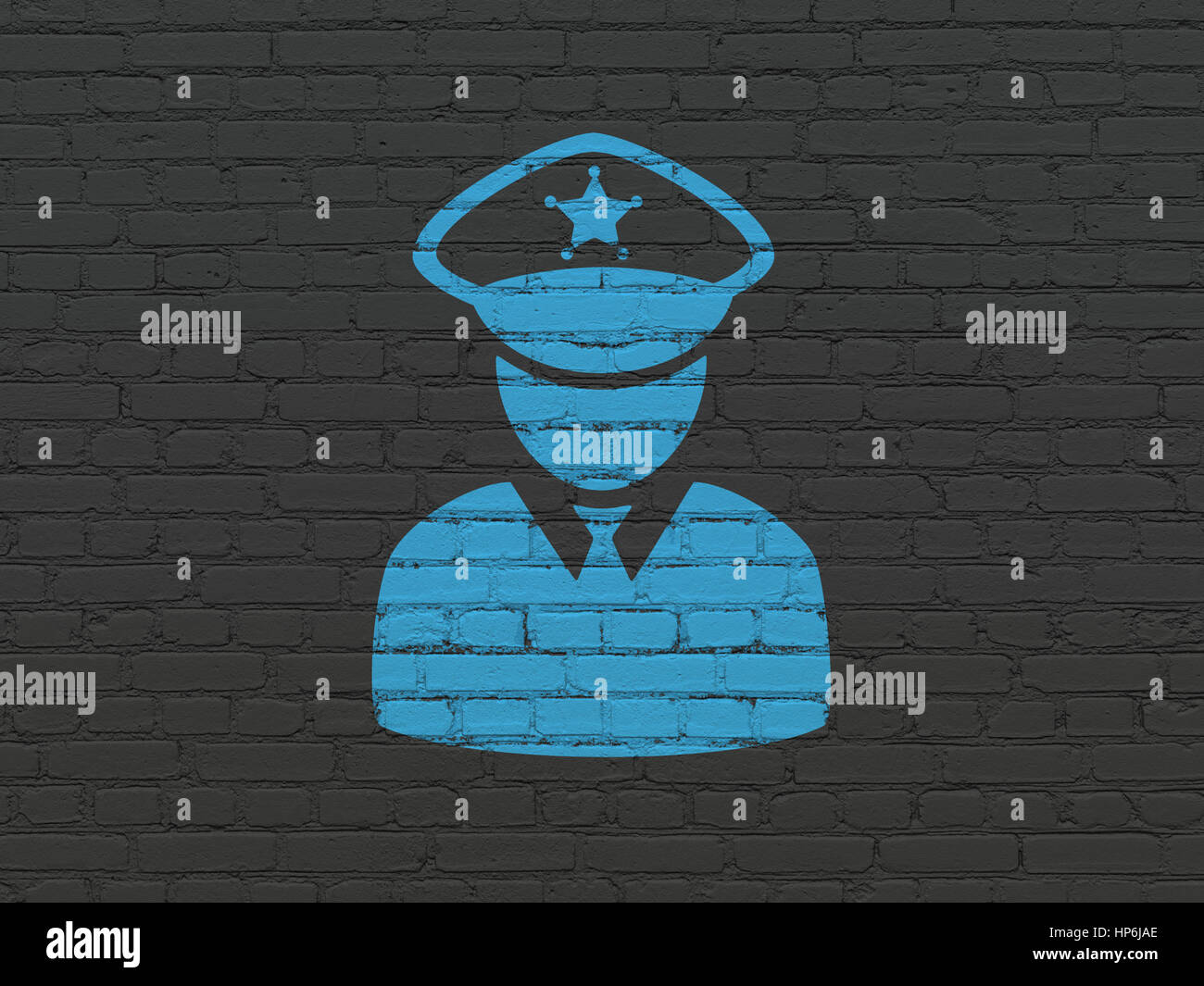 Law concept: Painted blue Police icon on Black Brick wall background ...