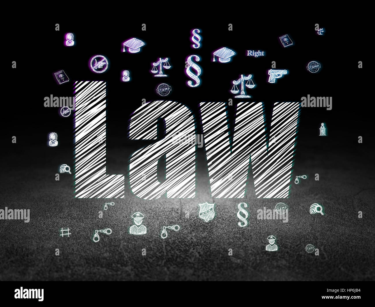 Law concept: Glowing text Law, Hand Drawn Law Icons in grunge dark room ...