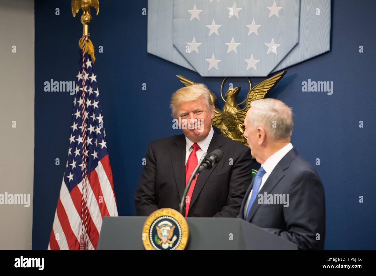 U.S. President Donald Trump smiles at newly sworn in Secretary of ...