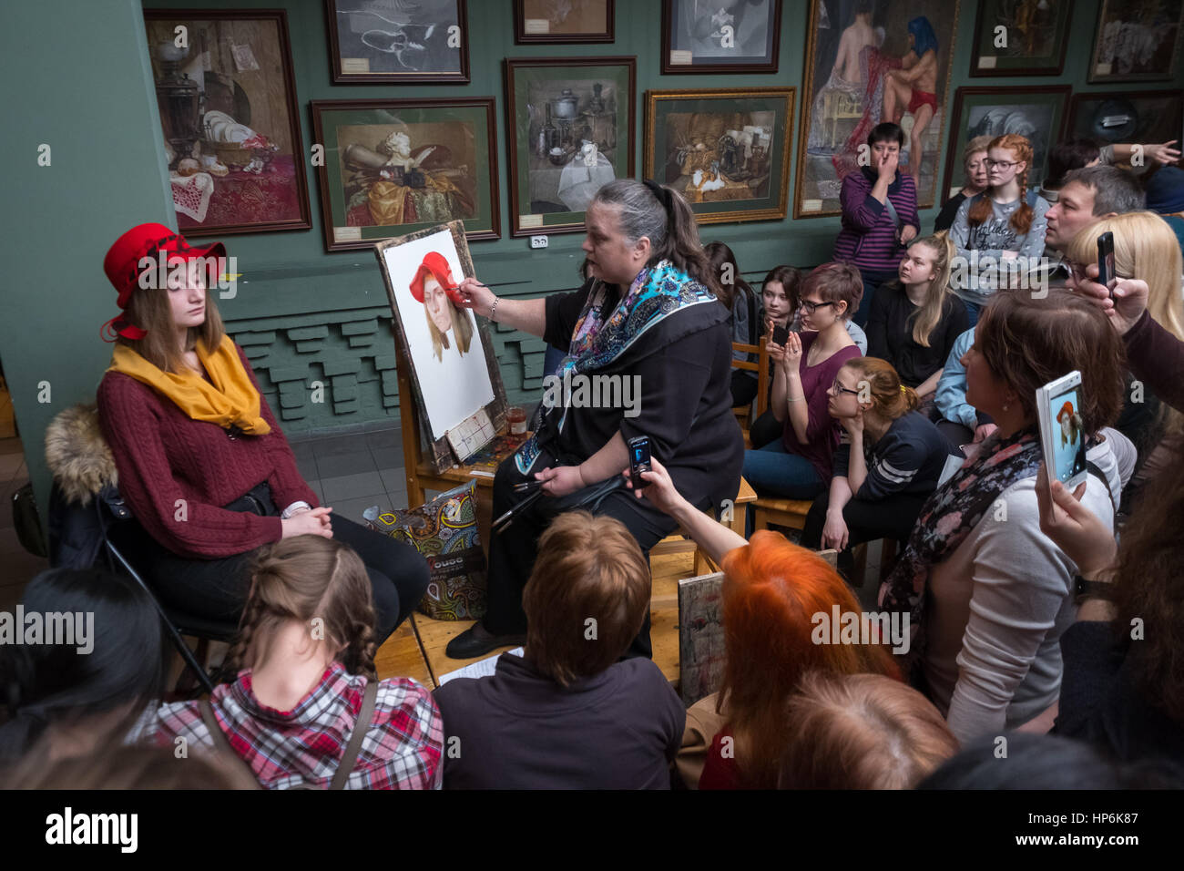 Moscow, Russia - February 18, 2017: People attend free drawing workshop ...
