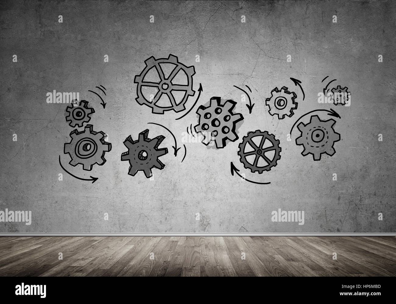 Gear hand drawn mechanism on gray wall Stock Photo - Alamy