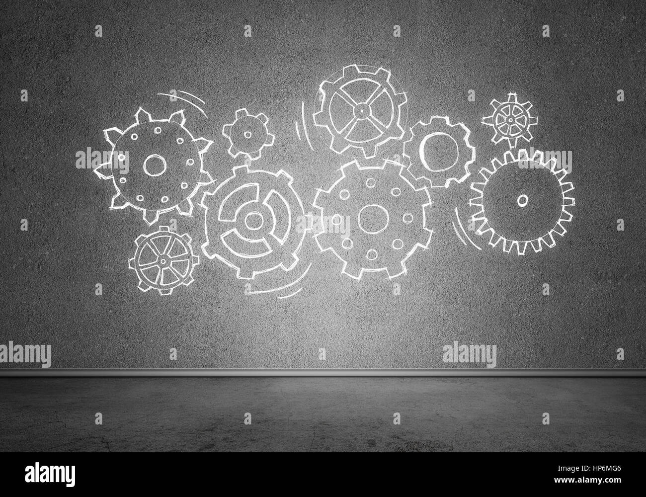 Gear hand drawn mechanism on gray wall Stock Photo - Alamy