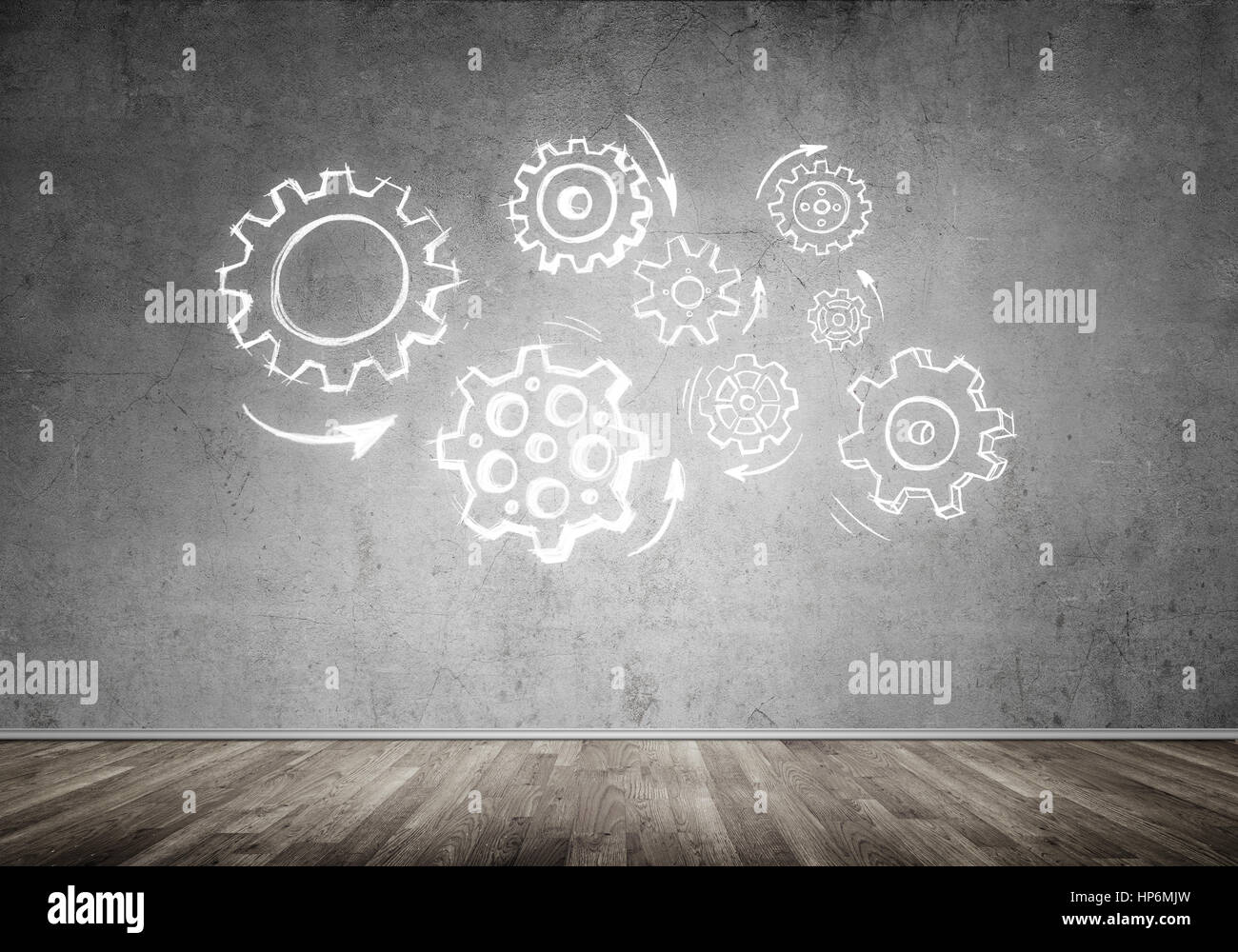 Gear hand drawn mechanism on gray wall Stock Photo - Alamy