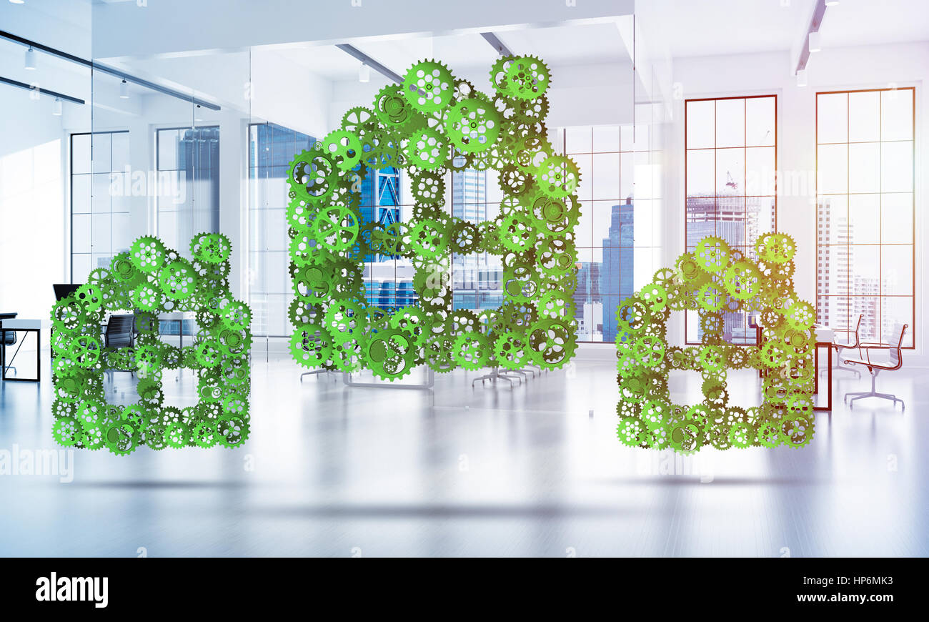 Conceptual background image with house sign made of connected gears. 3D ...