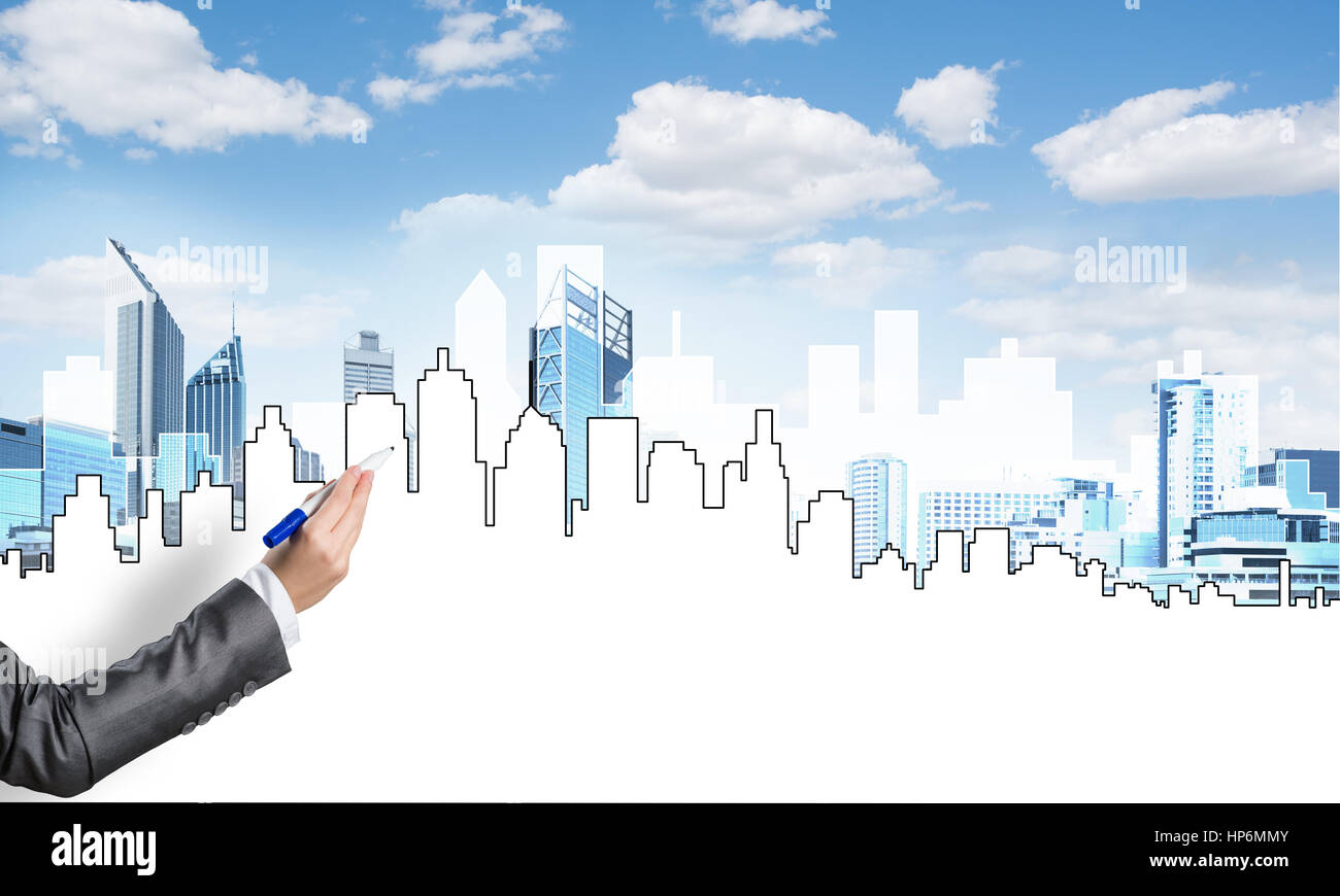 Hand of woman designer drawing with marker construction project Stock ...