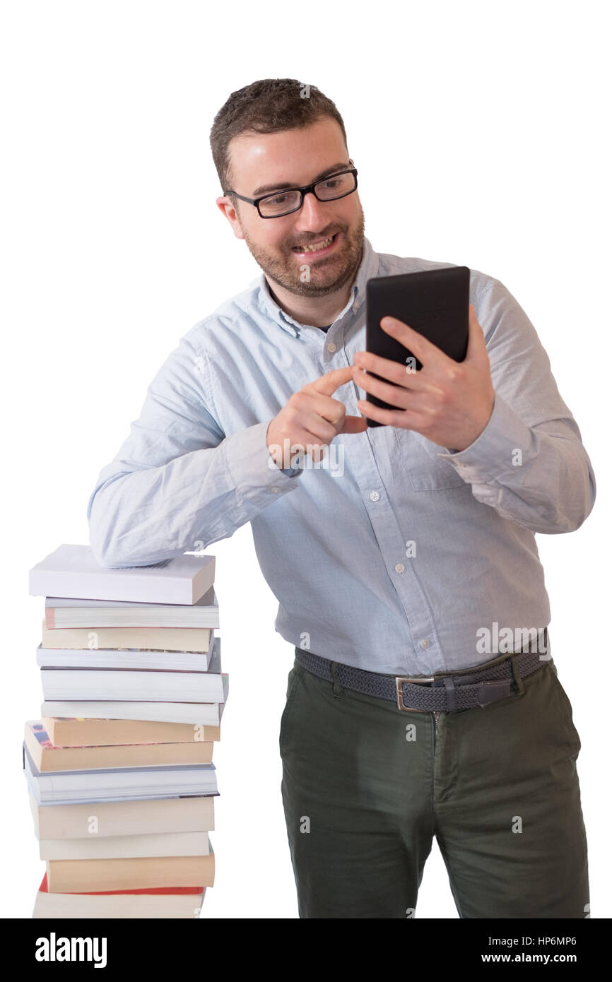 Young man and pile of books isolated on white background Stock Photo ...