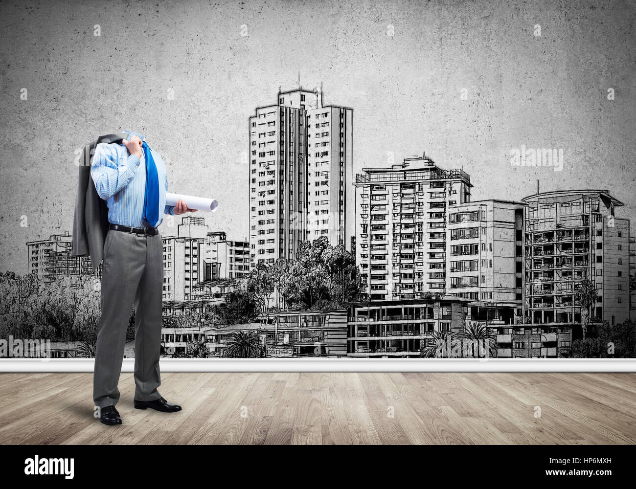 Headless engineer man with papers in hand against construction ...