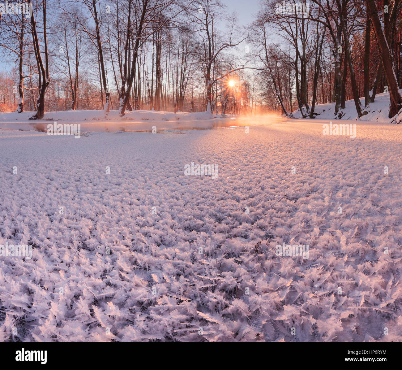 Ice crystals closeup. Bright sun shine on ice patterns. Winter icy ...