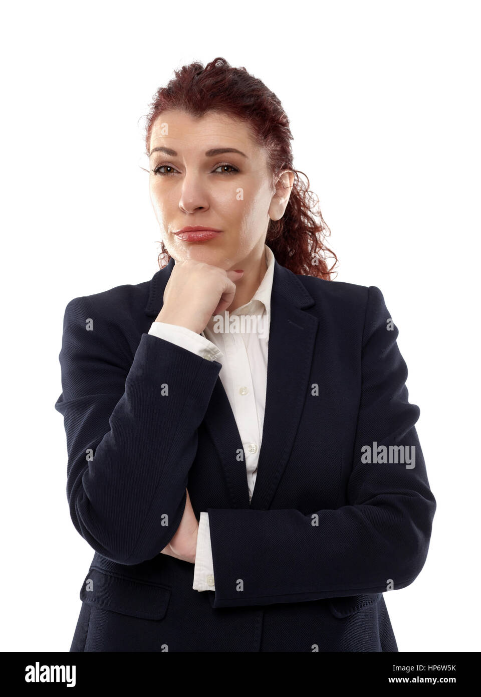 Doubtful businesswoman isolated on white background Stock Photo - Alamy