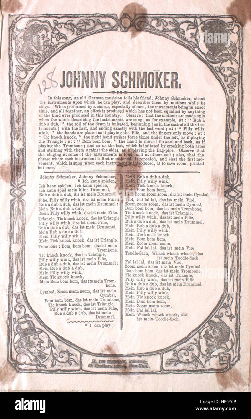 Sheet music cover image of the song 'Song Sheet Johnny Schmoker', with ...