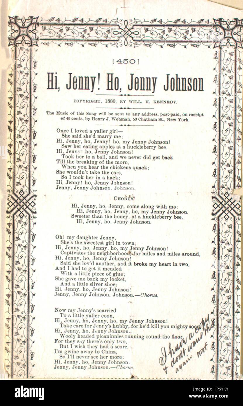Sheet music cover image of the song 'Song Sheet Hi, Jenny! Ho, Jenny ...