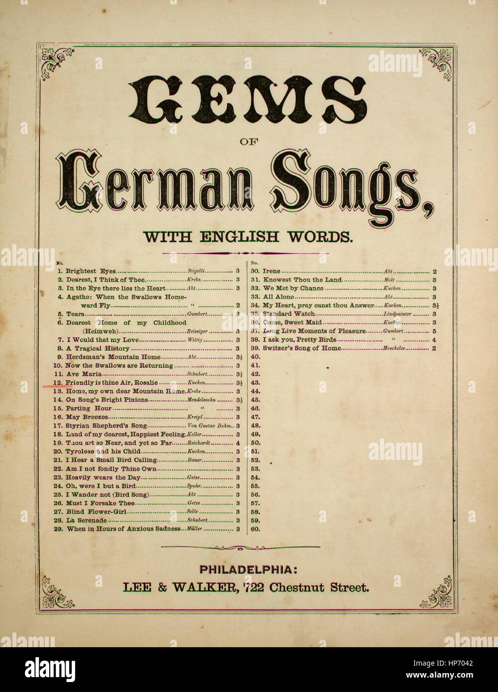 Sheet music cover image of the song 'Gems of German Songs With English ...