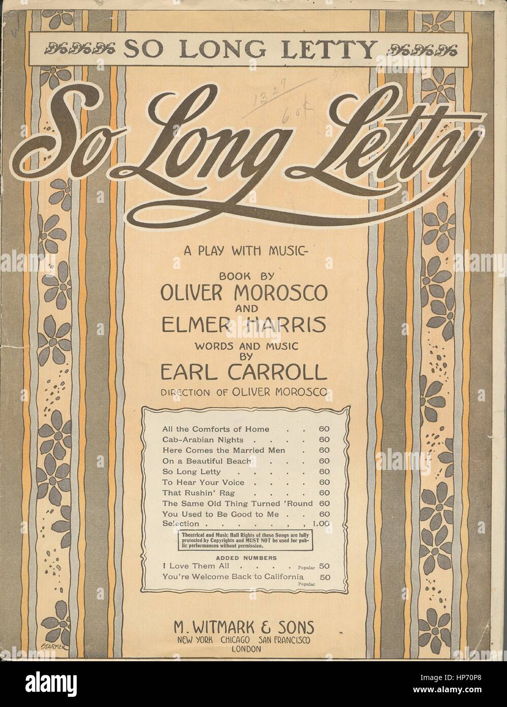 Sheet music cover image of the song 'So Long Letty', with original ...