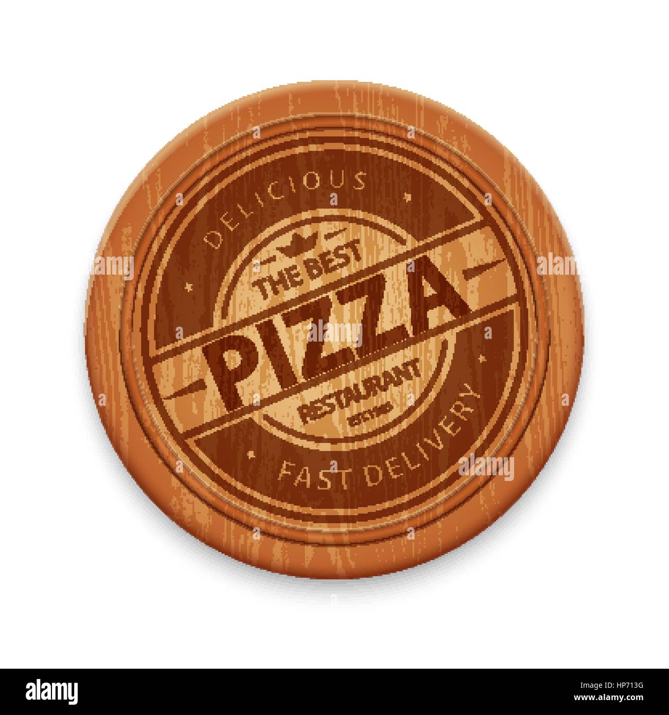 Vector pizza restaurant logo on wooden cutting board, isolated on white ...