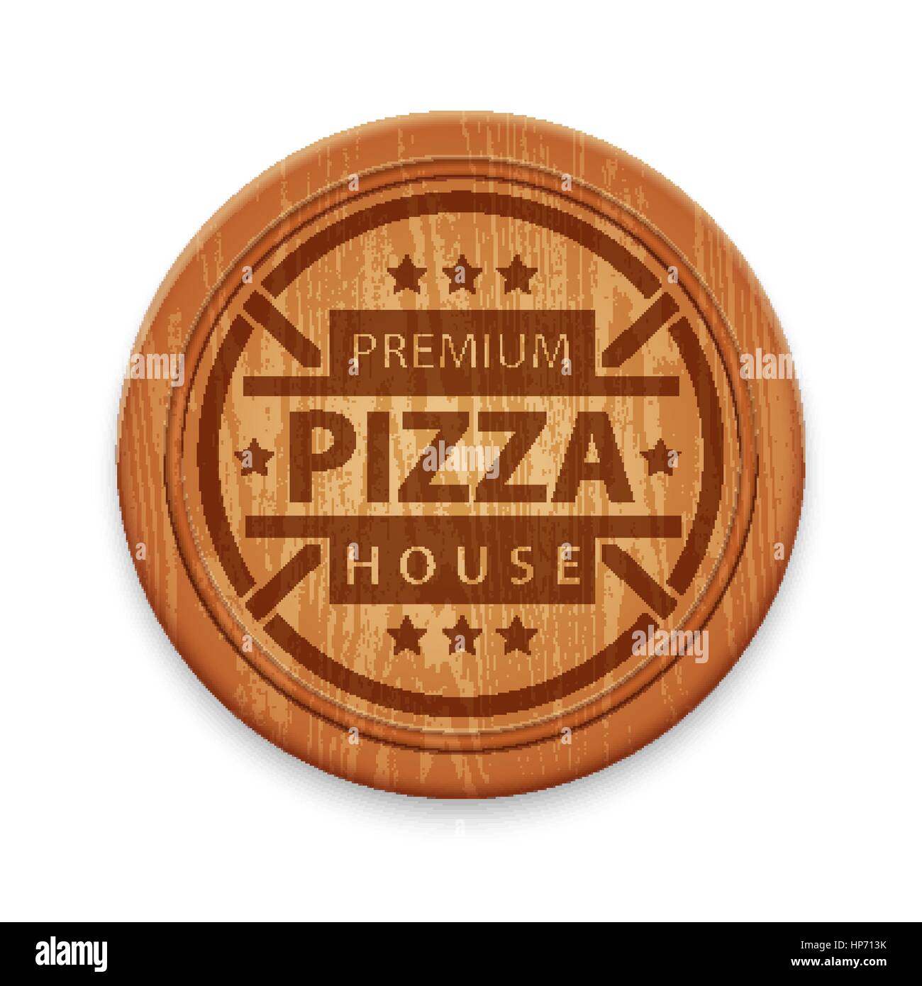 Pizza restaurant label on wooden round cutting board, vector design ...