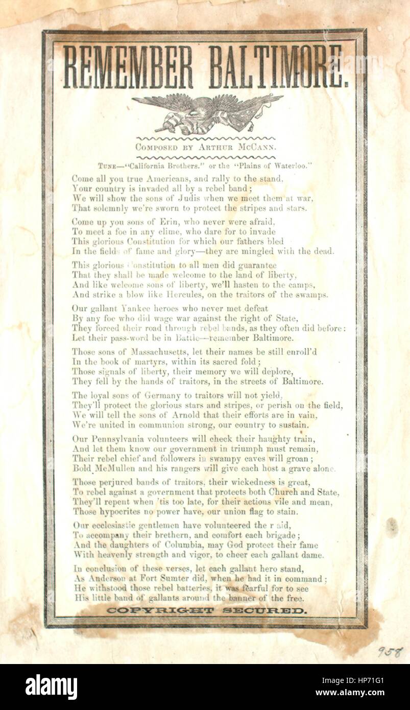 Sheet music cover image of the song 'Song Sheet Remember Baltimore ...