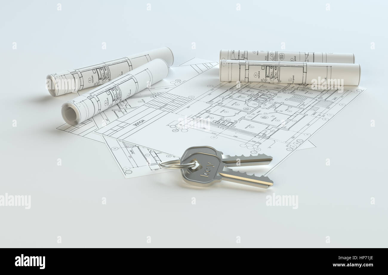 Blueprints with keys, copy space for your content Stock Photo - Alamy