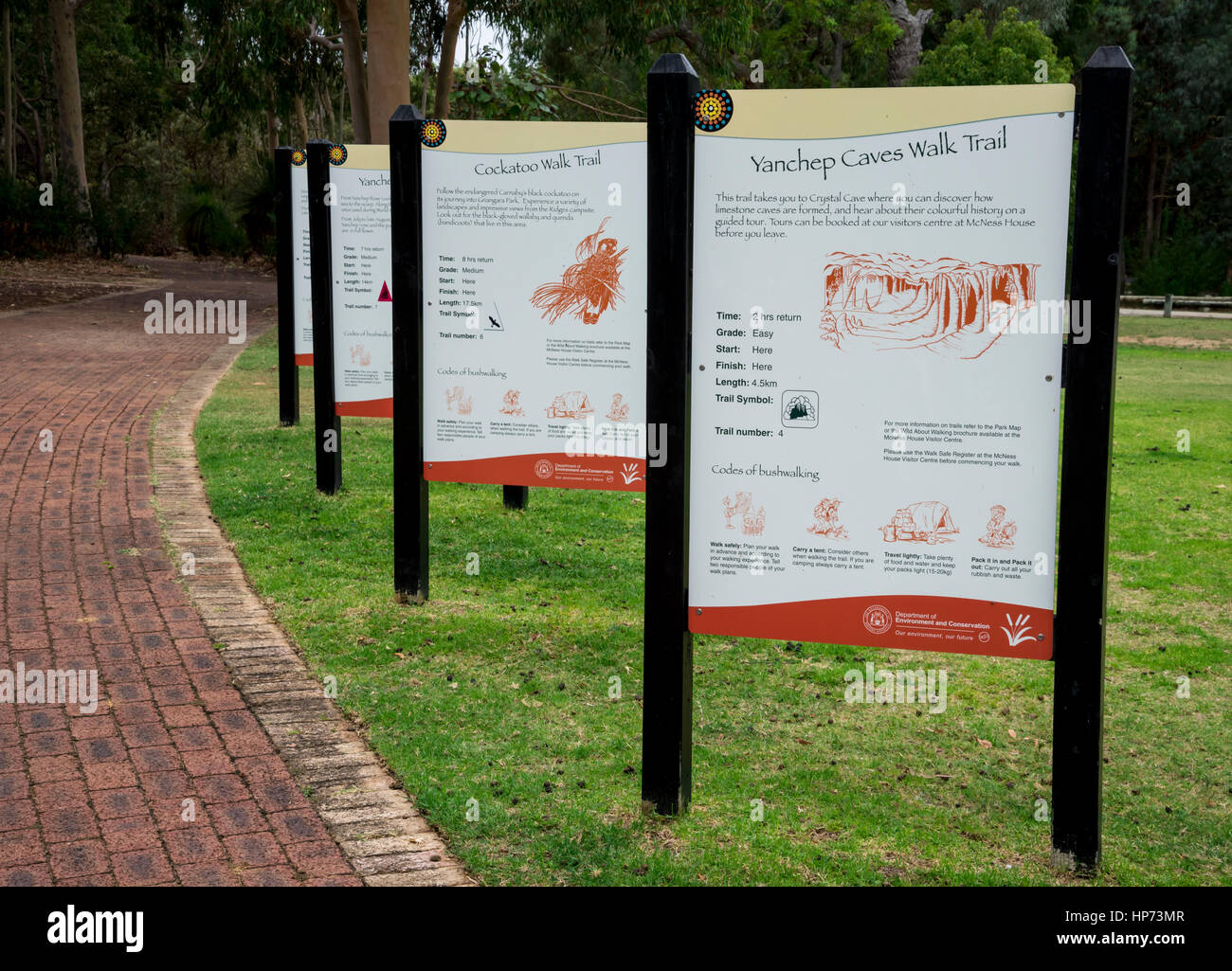 Walk trail sign posts in Yanchep National Park, City of Wanneroo, Perth ...