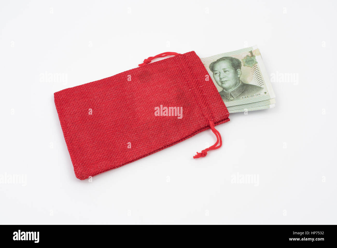 Red cotton purse with Chinese 1 Yuan / Renminbi banknotes. For Chinese ...