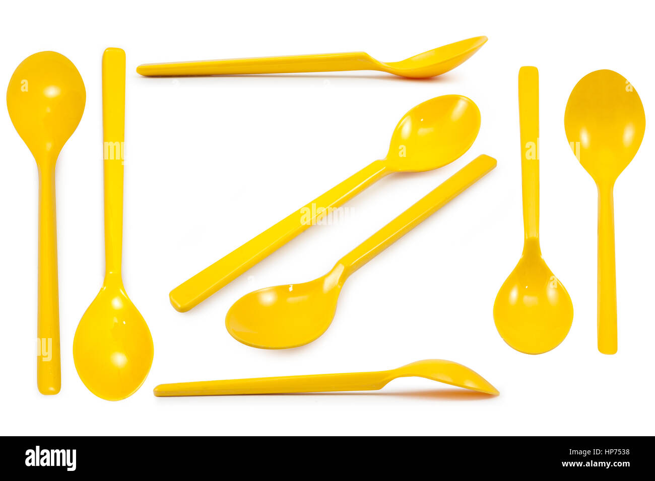 Collection yellow plastic spoon isolated on white background Stock ...