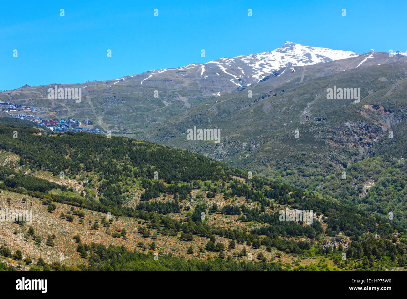 Summer mountain landscape with snow on peak (Sierra Nevada National ...