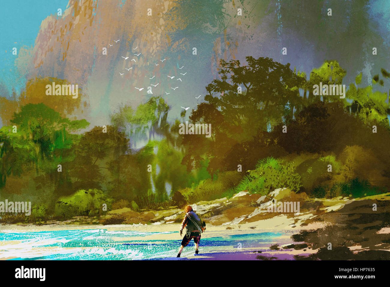 the castaway man standing on island beach,illustration painting Stock ...