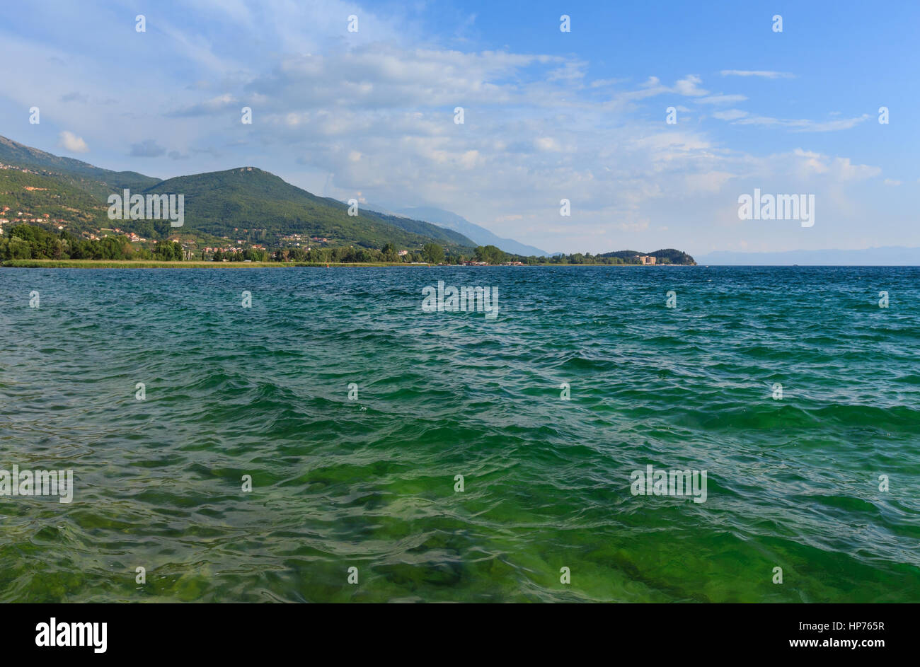 Lake Ohrid and mountain summer view (Ohrid town, Macedonia Stock Photo ...