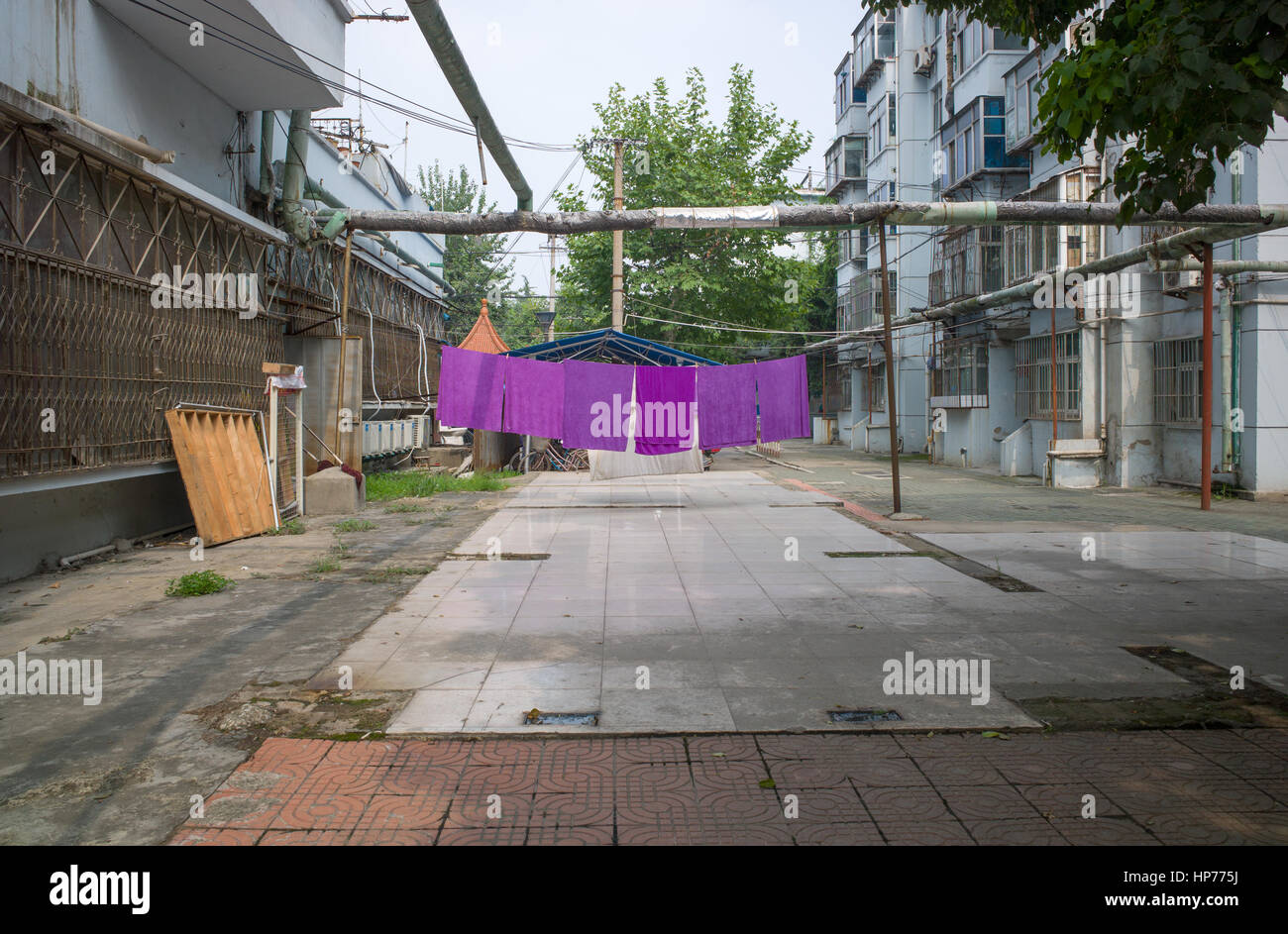 Towels hanging out to dry on washing line in courtyard of apartment ...