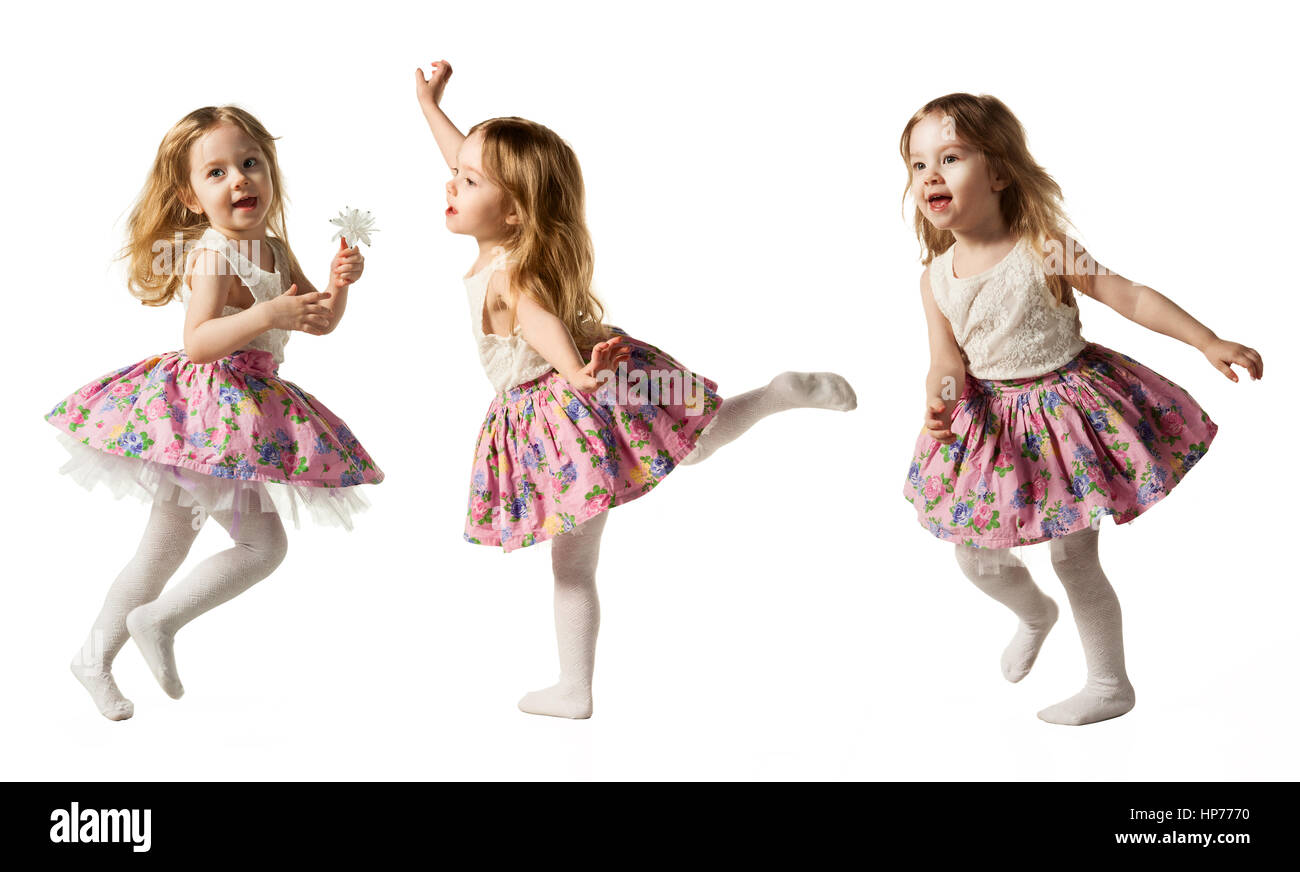 Little cute girl jumping, running, dancing, having fun. Isolated on ...