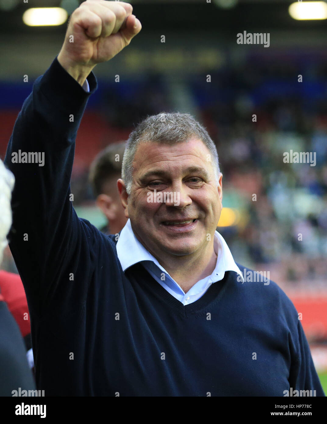 Wigan Warriors head coach Shaun Wane celebrates after the final whistle ...