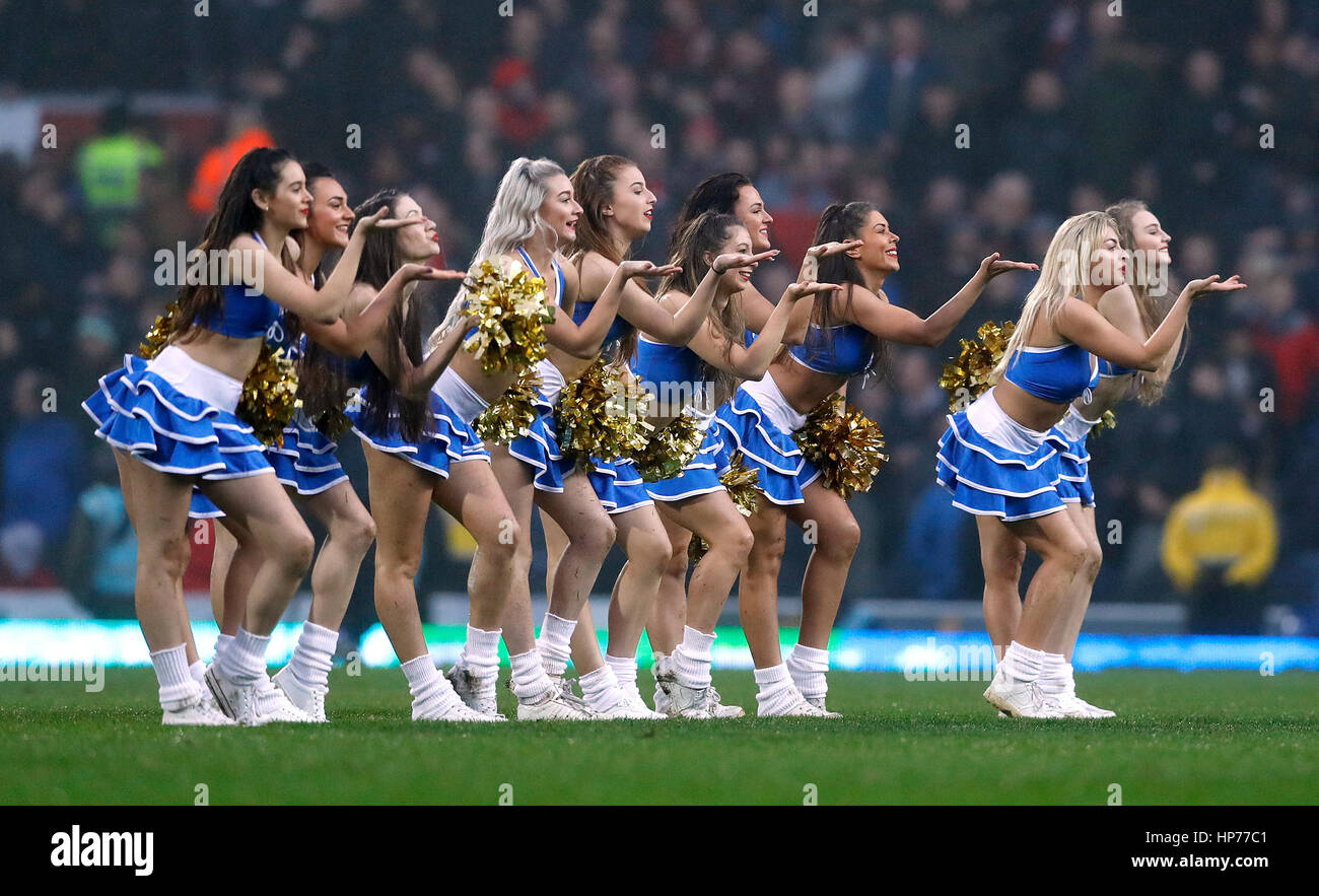 Blackburn Rovers cheerleaders on the pitch at half-time during the ...