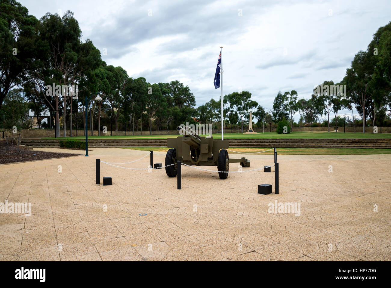 Gun in front of ANZAC war memorial in Joondalup Central Park, Perth ...