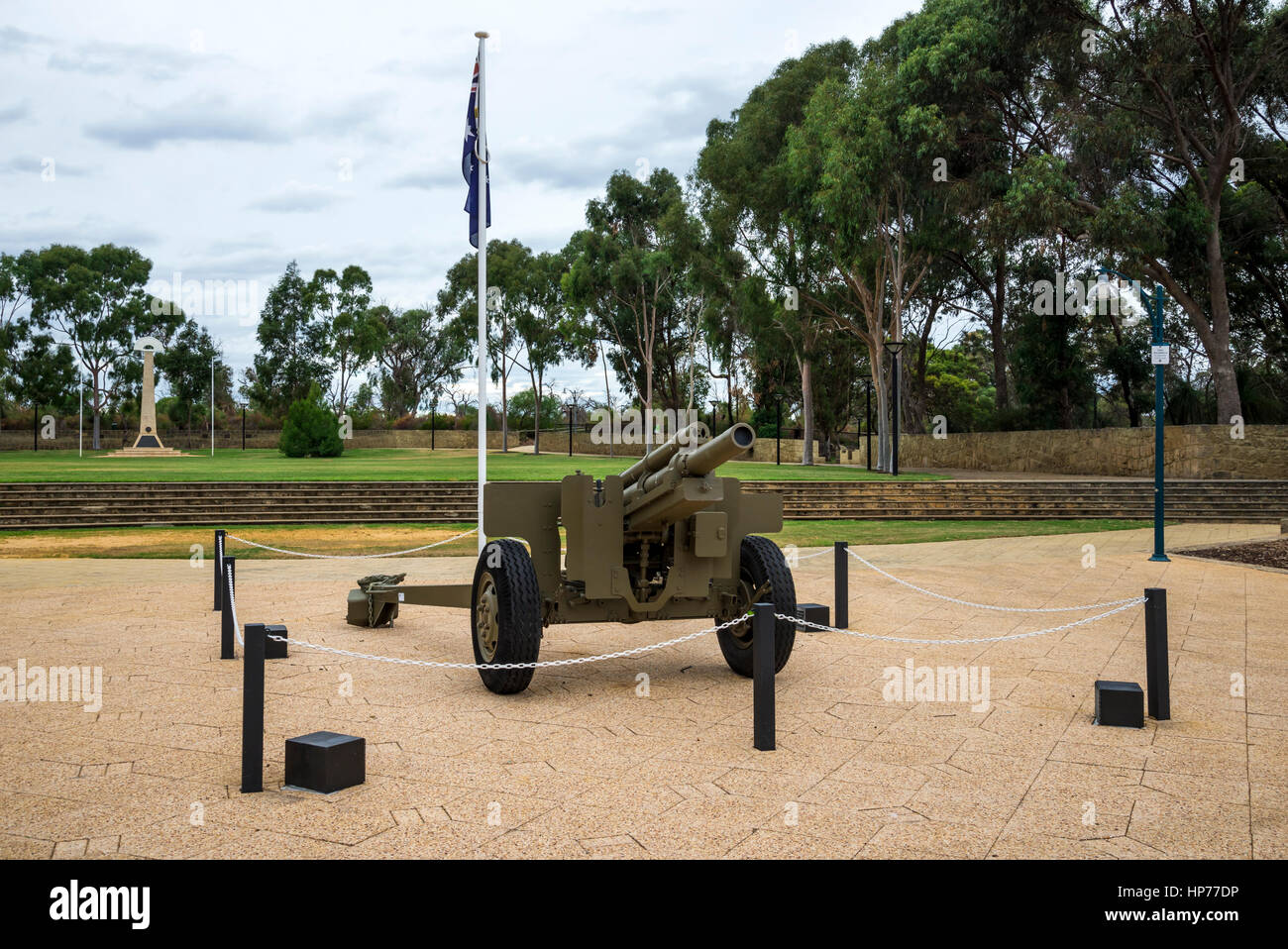 Gun in front of ANZAC war memorial in Joondalup Central Park, Perth ...