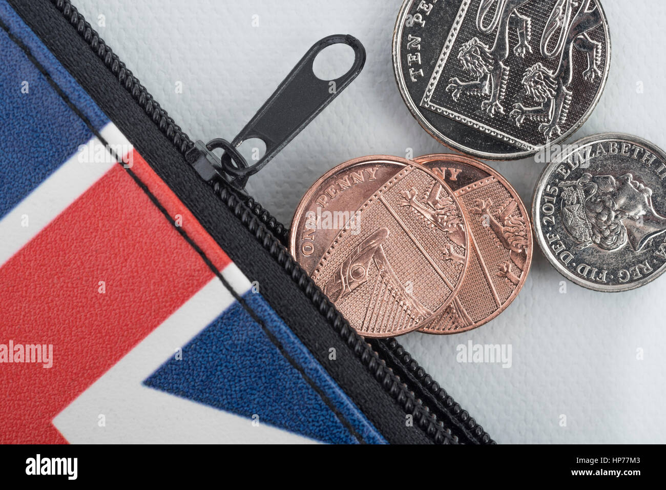 Zippered Union Jack coin purse + British coins / coinage spilling out ...