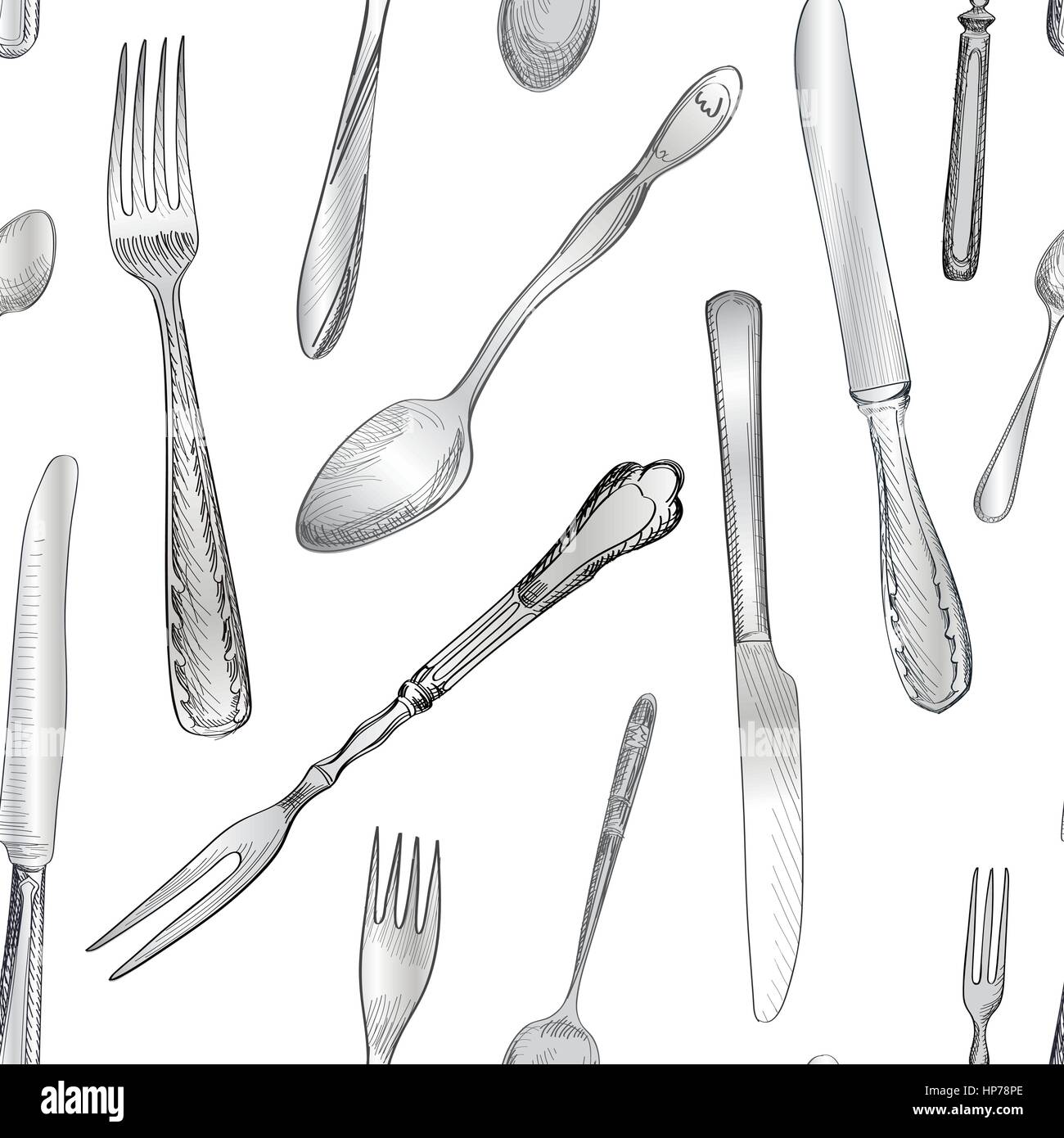 Fork, Knife, Spoon hand drawing sketch seamless texture. Cutlery ...