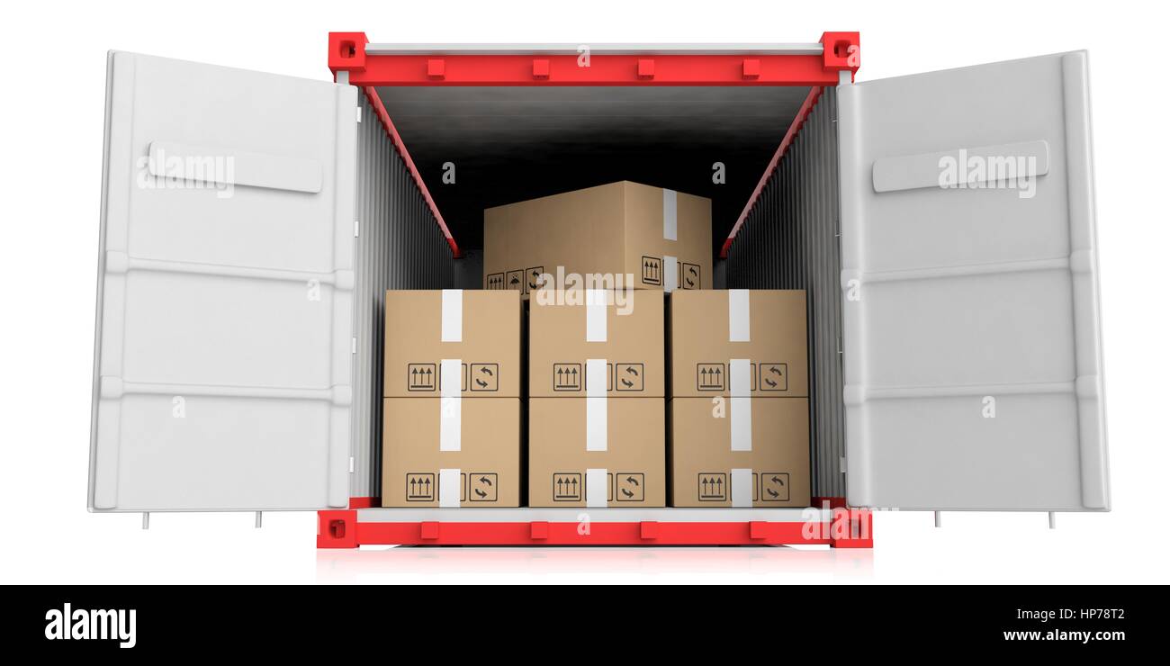 Container and moving boxes isolated on white background. 3d ...