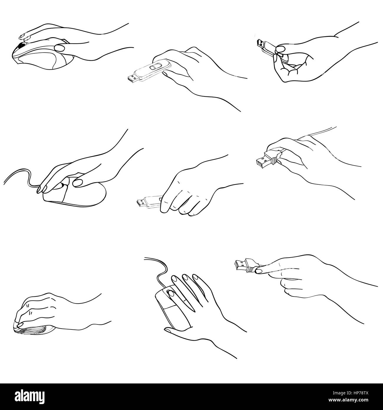 Hands set. Hand holding memory stick, computing, mouse, plug. Hand ...